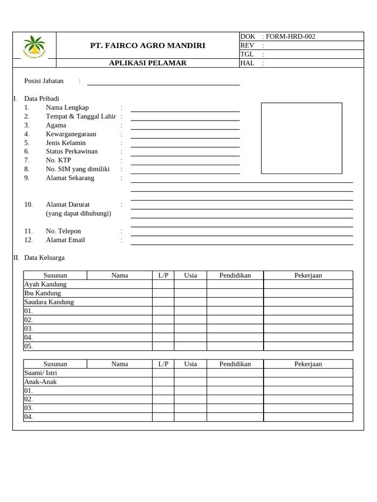 Form Aplikasi Pelamar NEW FAM | PDF