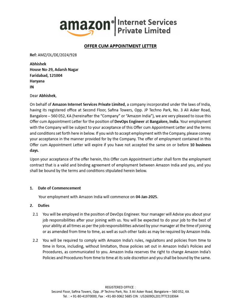 Offer Letter Amazon.in | PDF | Business | Common Law