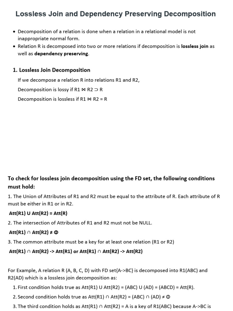 Lossless Join and Dependency Preserving Decomposition | PDF | Databases | Information Science
