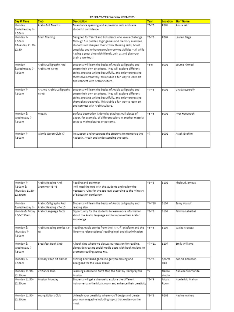 Term 2 ECA Y3-Y13 2024-2025 Overview V2 | PDF