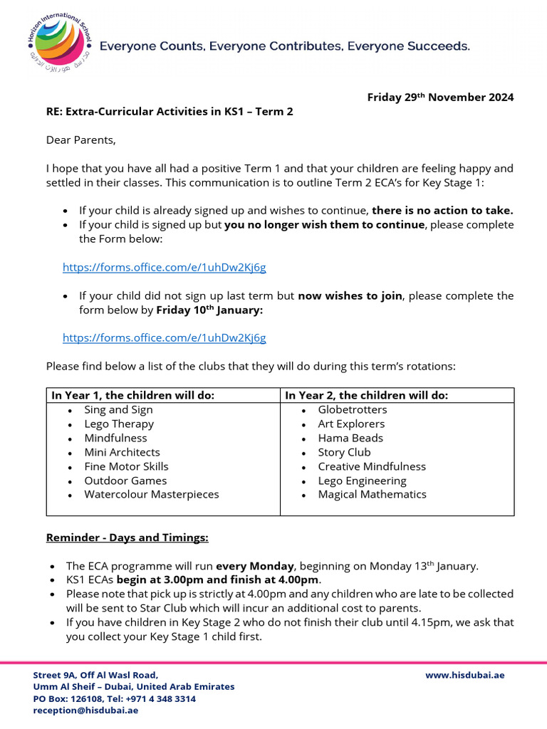 Key Stage 1 ECAs Term 2 Letter | PDF