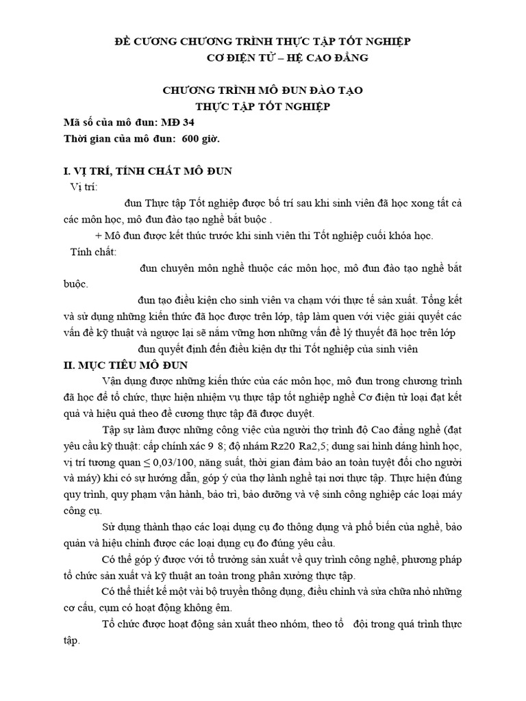 de Cuong Chuong Trinh Thuc Tap Tot Nghiep Co Dien Tu He Cao Dang | PDF
