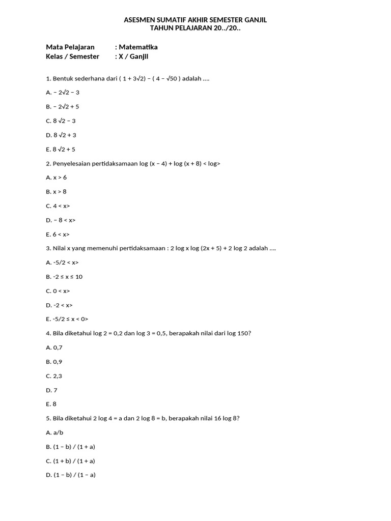 SOAL ASESMEN SUMATIF AKHIR SEMESTER GANJIL MATEMATIKA KELAS 10 | PDF