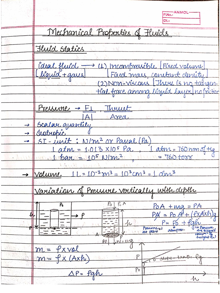 Class 11 Cbse Topper Notes Fluids | PDF