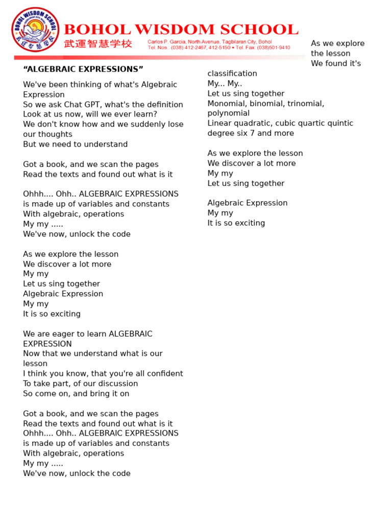 Algebraic Expressions Lyrics | PDF