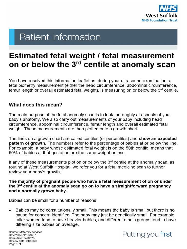 6868 Estimated Fetal Weight Fetal Measurement On or Below 3rd Centile ...