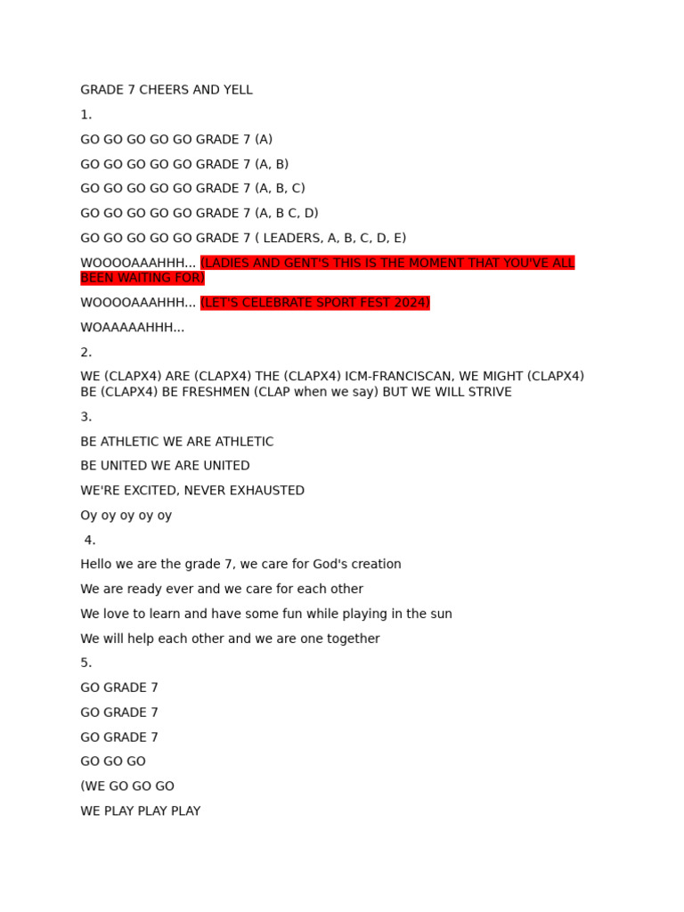 Sfa Sports Day Cheers and Yells Grade 7 | PDF