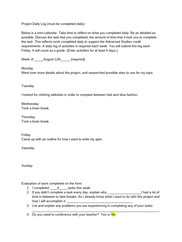 Weekly Project Daily Log Template | PDF