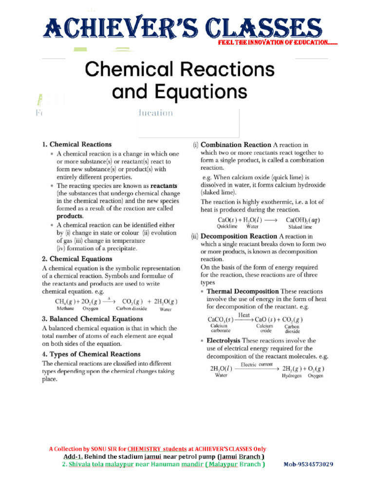 Chemical Reaction and Equations MCQ Questions HW | PDF