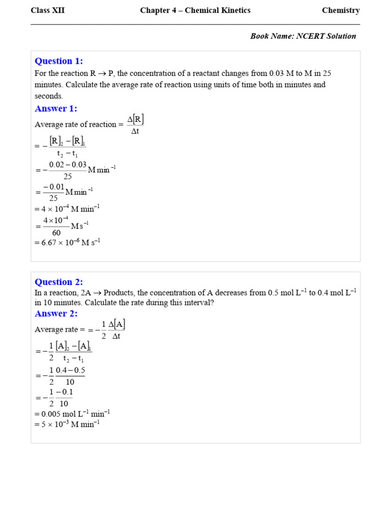 Chemical Kinetics: Class XII Solutions | PDF | Reaction Rate | Reaction ...