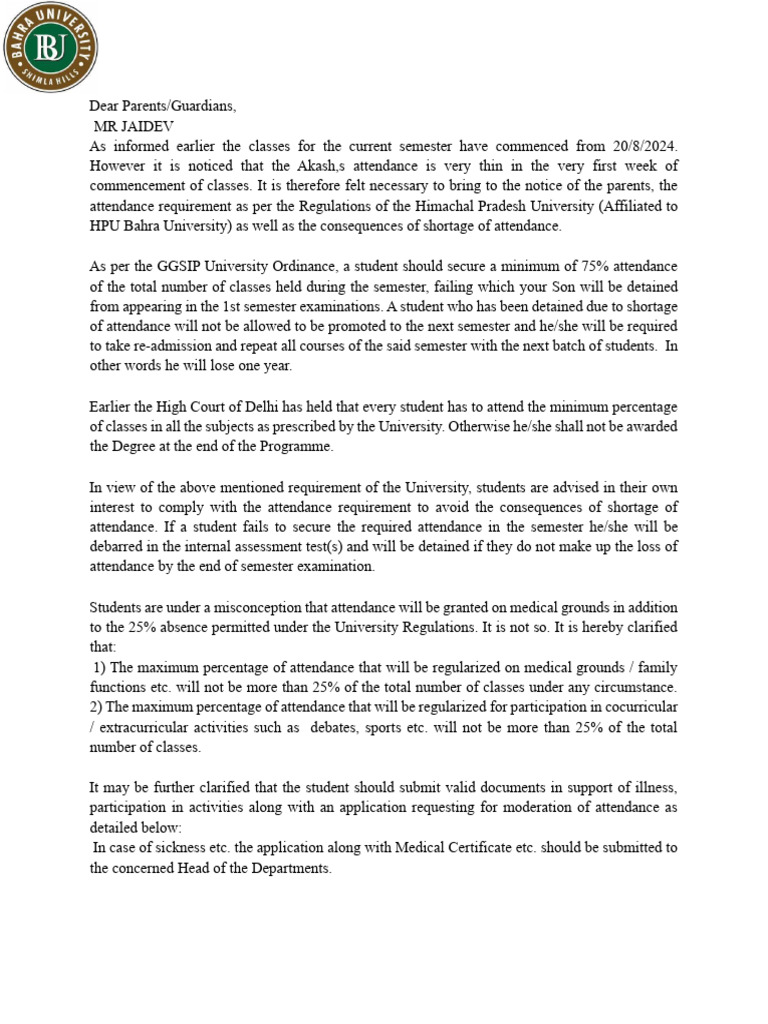 Attandance Warning Latter To Parents Ft. Bahra 034568367 | PDF | Justice | Crime & Violence