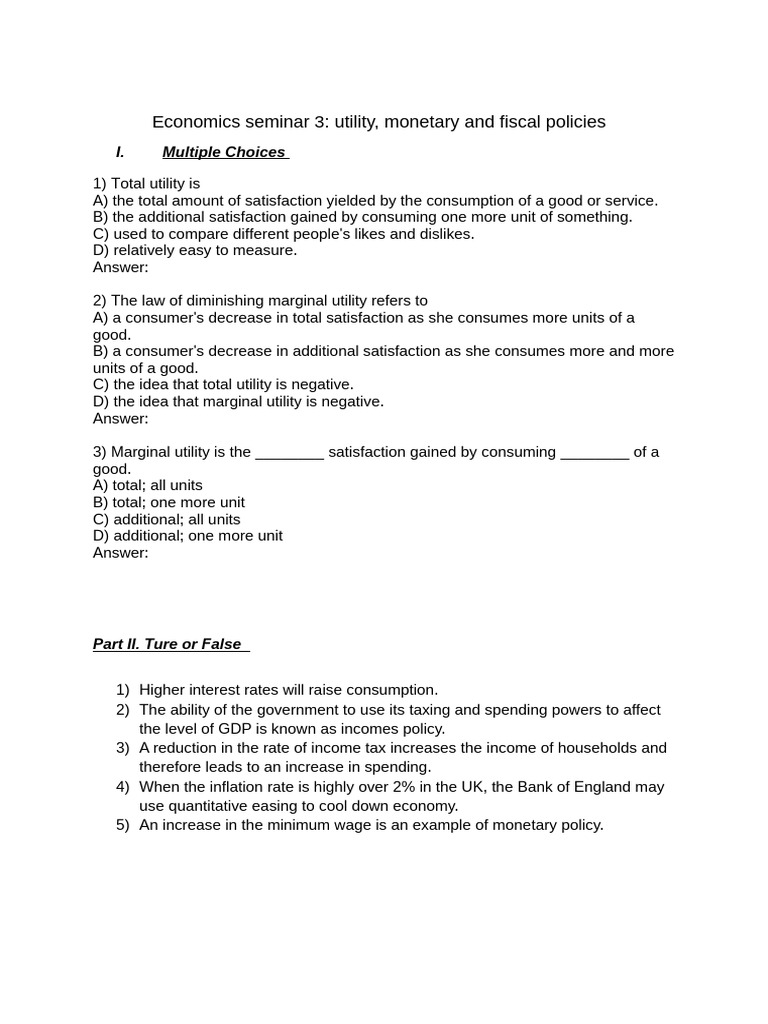 Week Nine-Economics Seminar Questions | PDF | Consumption (Economics ...