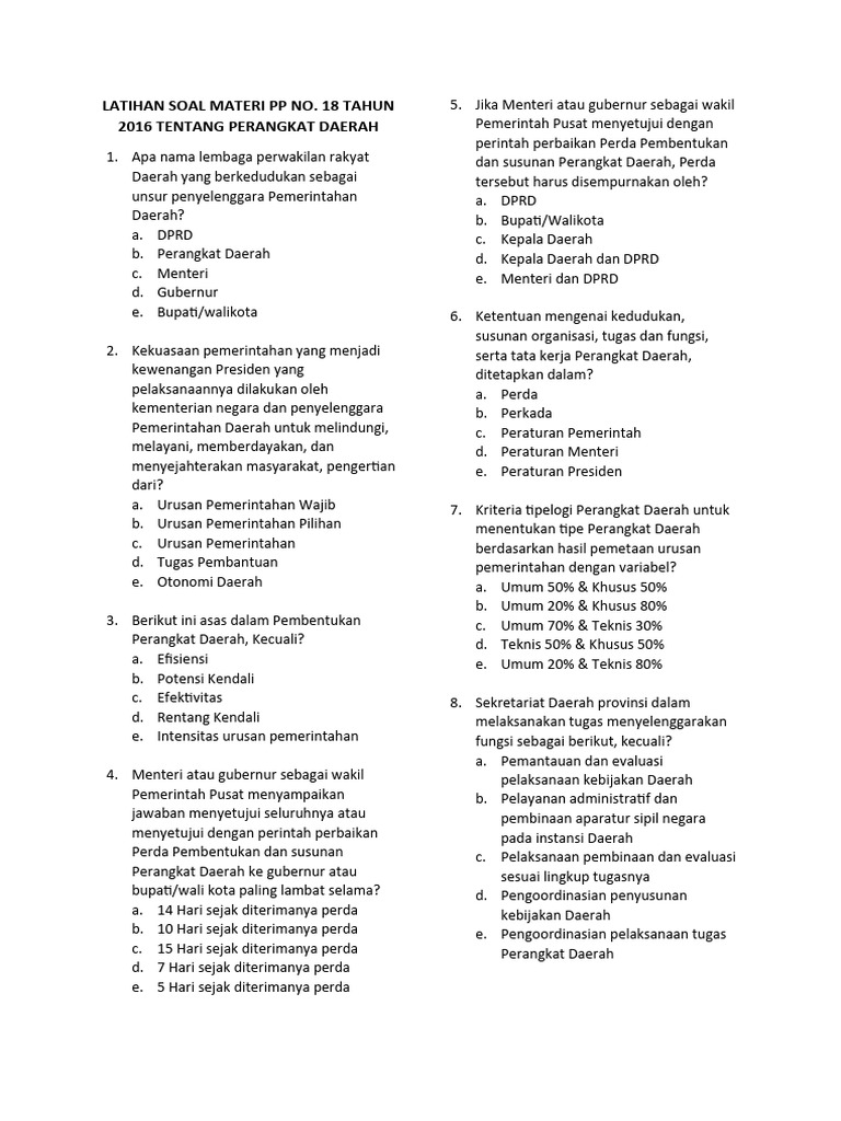 LATIHAN SOAL SKB MATERI PP 18 TAHUN 2016 | PDF