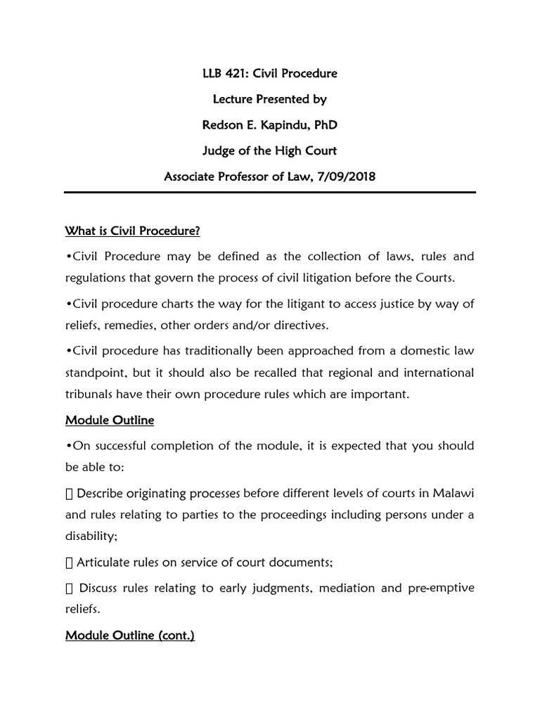 Civil Procedure Notes - Kapindu | PDF | Lawsuit | Jurisdiction