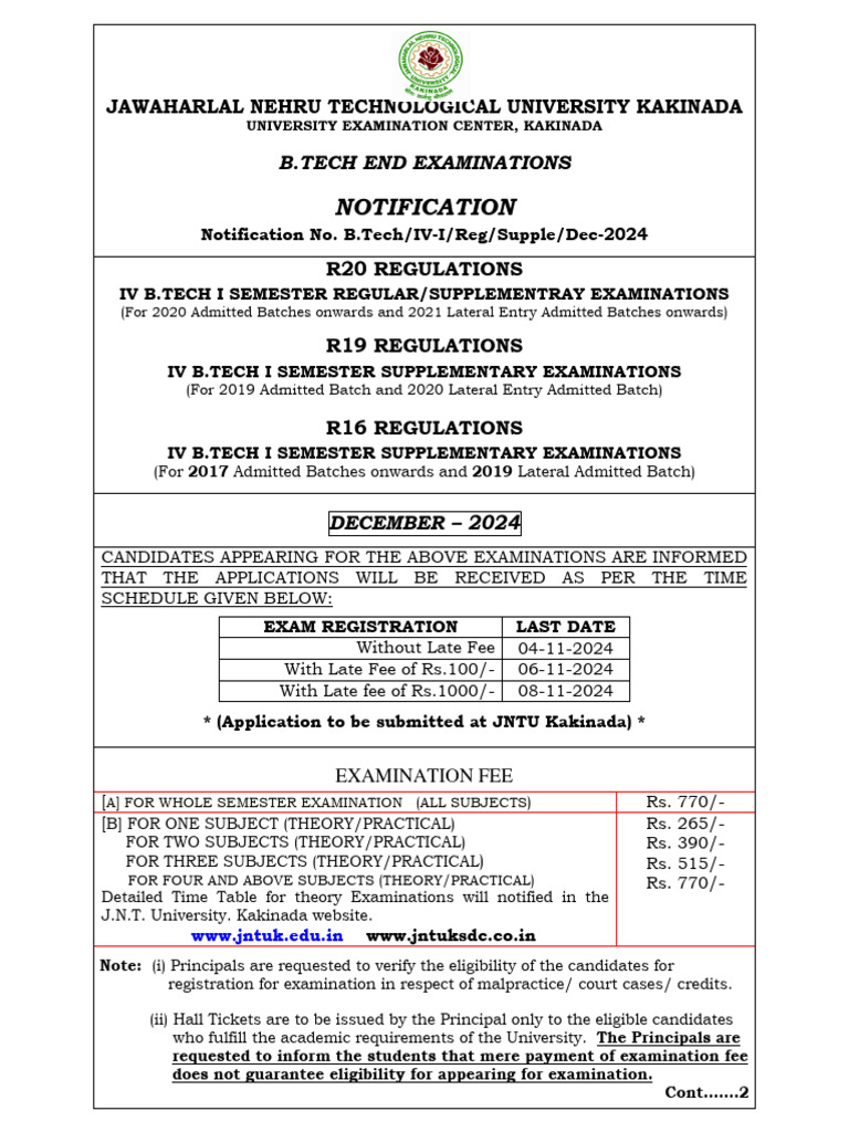 JNTUK B.Tech 4-1 Sem Exams Notification - Dec 2024 | PDF