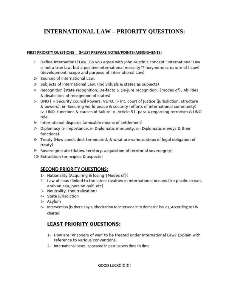INTERNATIONAL LAW Priority Questions | PDF
