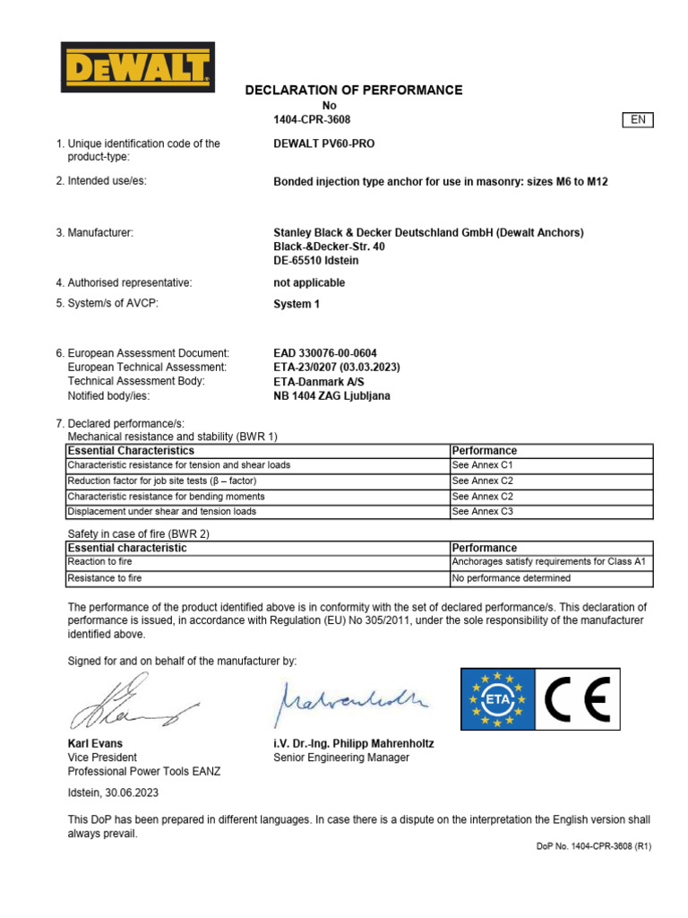 DW - DOP R1 1404 CPR 3608 PV60 PRO Masonry EN - DDS1 | PDF