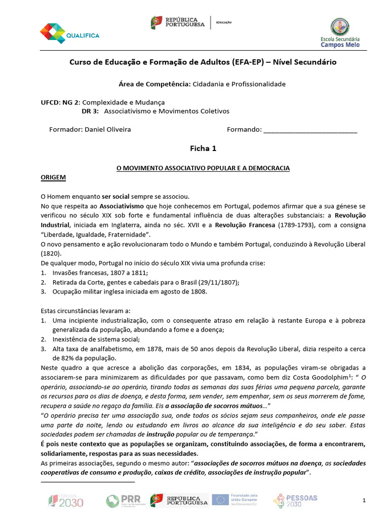 Ficha Formativa 1 CP NG2DR3 (Associativismo e Movimentos Coletivos) | PDF | Portugal | Democracia