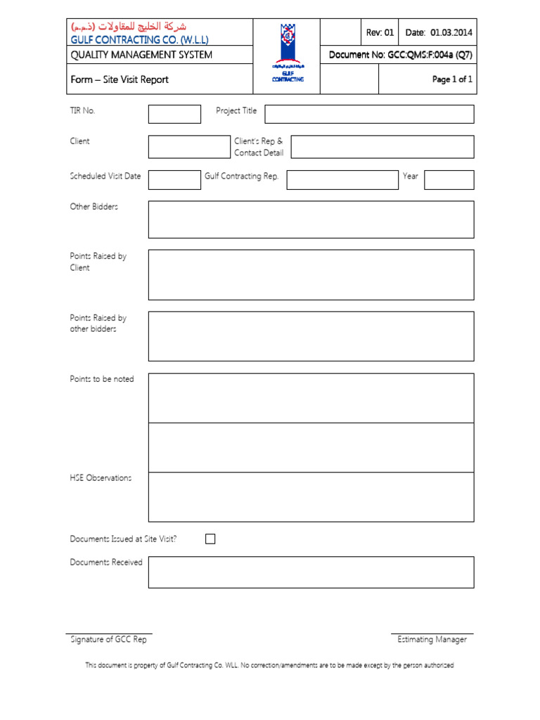 GCC QMS F 004a-Site Visit Report | PDF