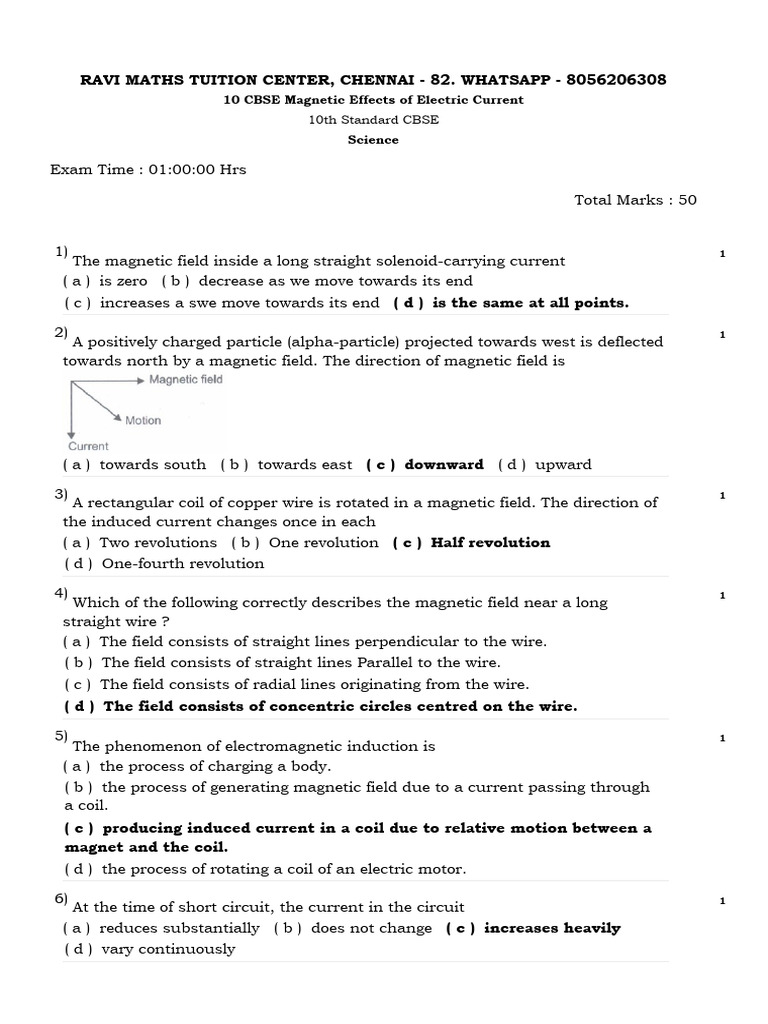 10 CBSE QA Magnetic Effects of Electric Current | PDF | Electromagnetic Induction | Electric ...