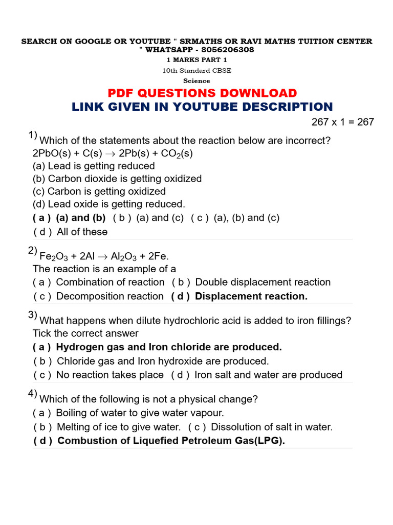 1 MARKS PART 1 ANS | PDF | Chemical Reactions | Acid