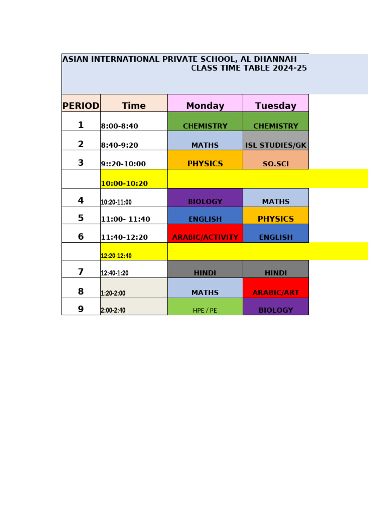 Grade 10D Class Timetable 2024-25 | PDF