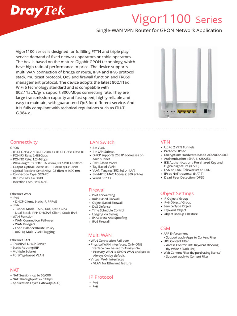 Draytek Vigor 1100ax Ont Gpon | PDF | Computer Network | Virtual Private Network