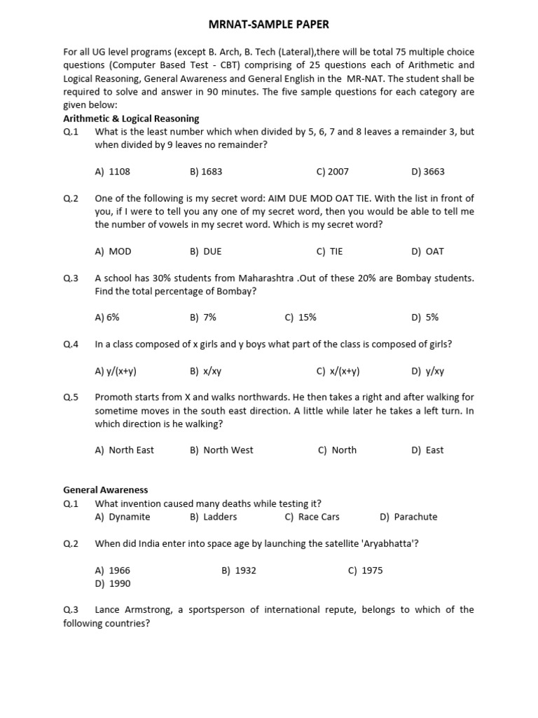 MR NAT Exam Sample Questions 1 | PDF | Rna | Dna