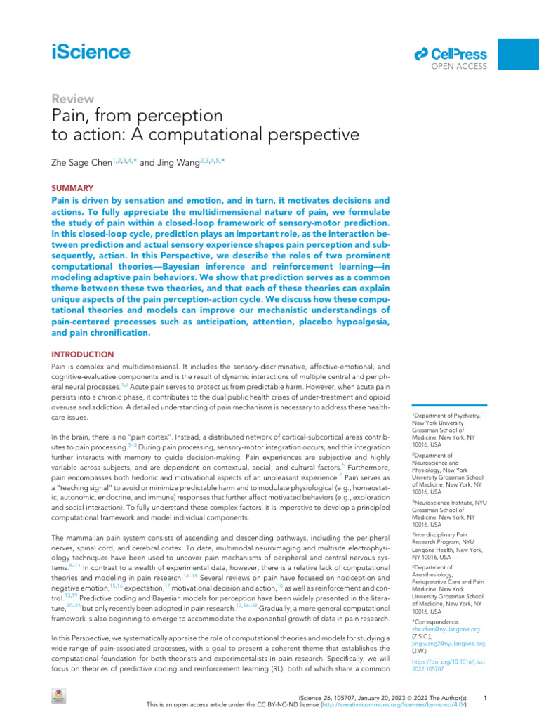 Pain From Perception to Action a Computational Perspective 2023 IScience | PDF | Pain | Perception