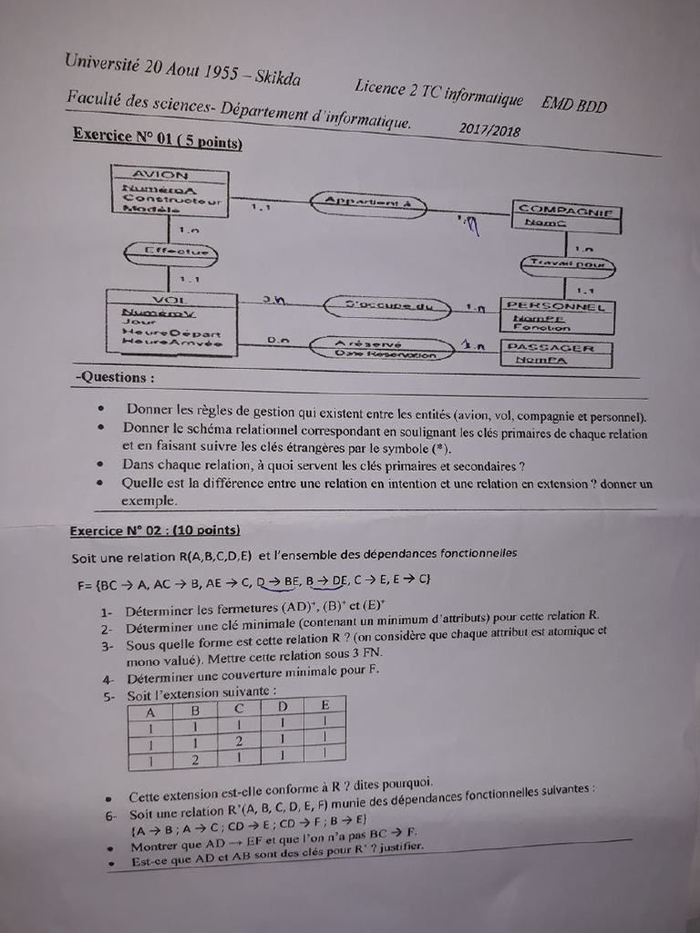 Examen Module BDD Univ Skikda Promo 2017-2018 | PDF