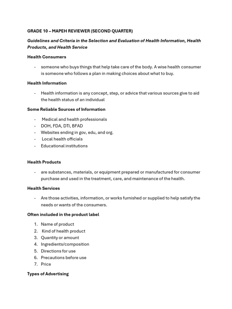 Grade 10 Mapeh Reviewer Second Quarter 1 | PDF | World Health ...