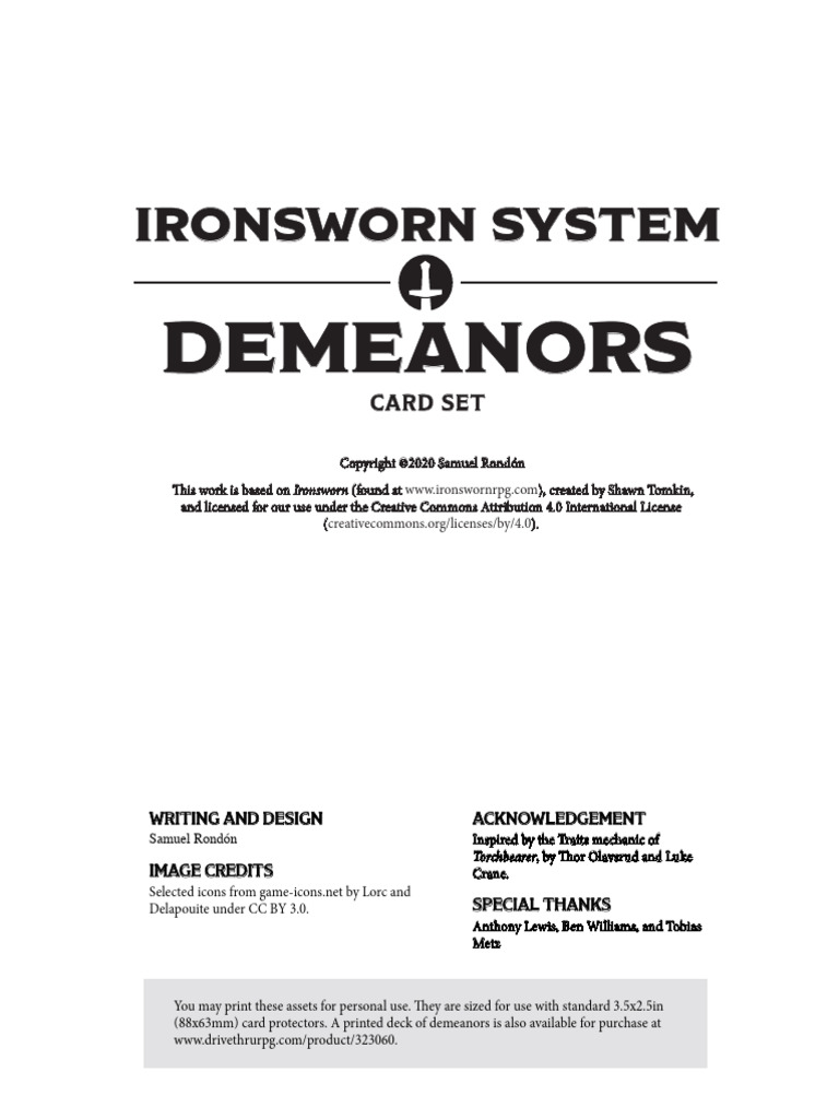 Ironsworn (CC002) Demeanors Card Set | PDF | Virtue | Deception
