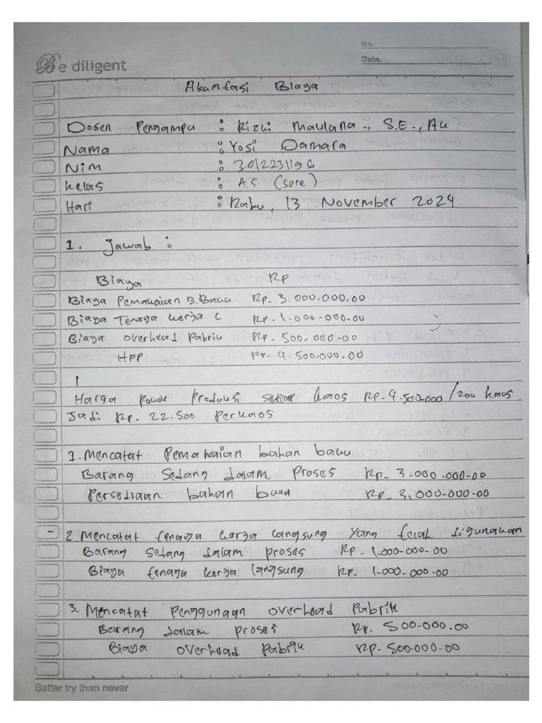 Jawaban Uts Akuntansi Biaya Yosi Damara-Compressed | PDF