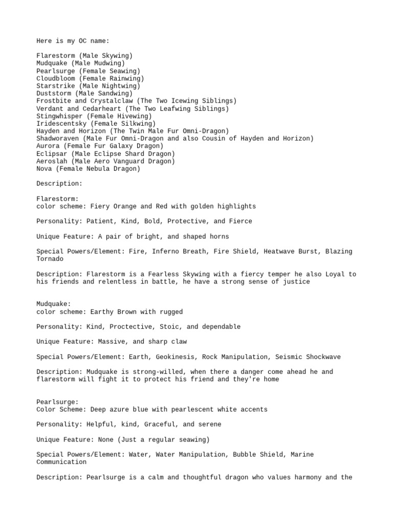 OC's Character Name And Description | PDF | Astronomy