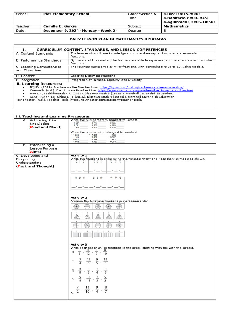 Grade 4 Math Week 2 Lesson Plan | PDF | Mathematics | Teachers