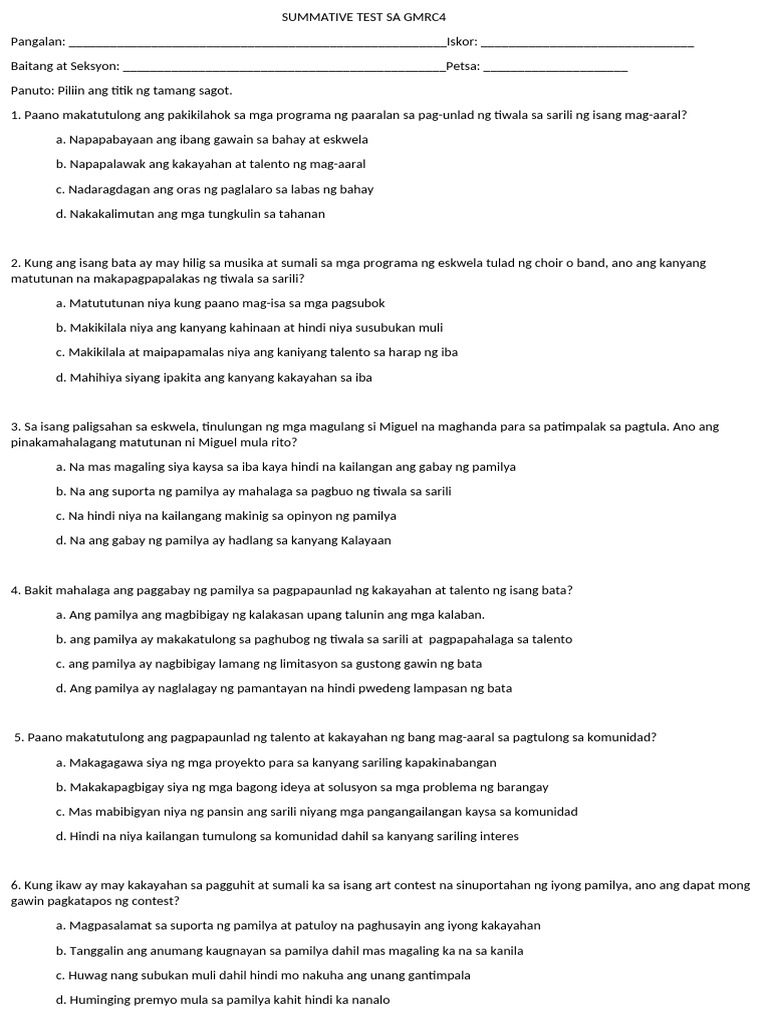 Summative Test in GMRC | PDF