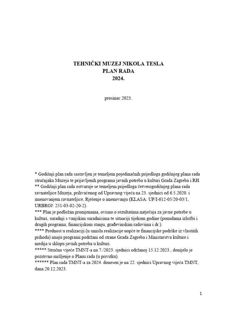 Plan Rada TMNT 2024 Usvojeno Na UV 20-12-2023 | PDF