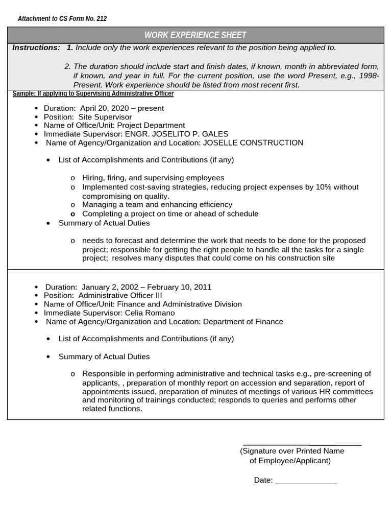 CS Form No. 212 Attachment - Work Experience Sheet | PDF | Business