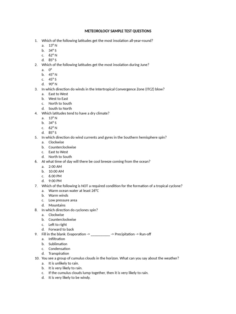 Meteorology Sample Test Questions | PDF