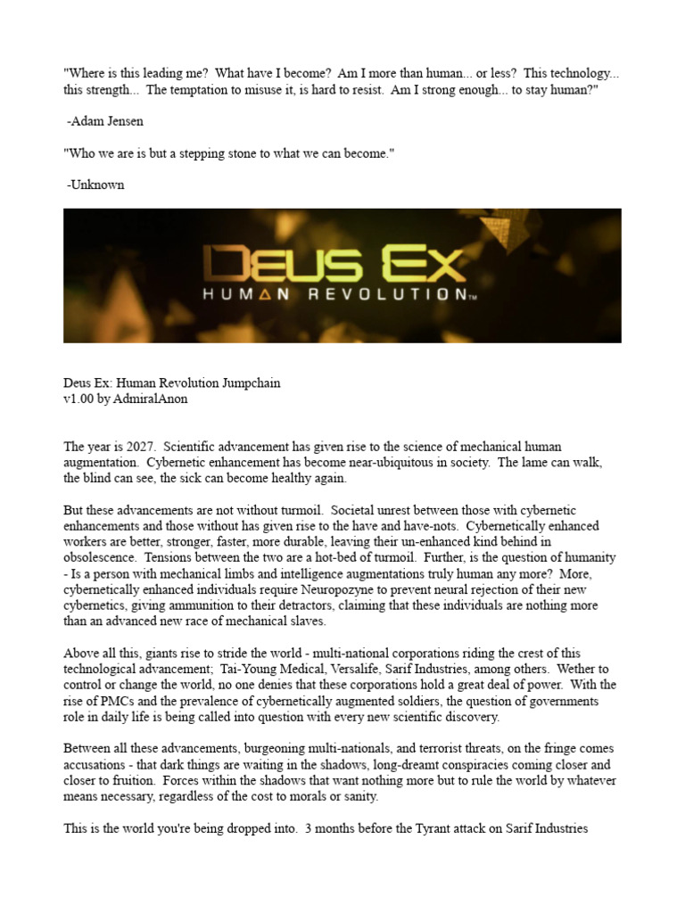 Deus Ex Human Revolution Jumpchain | PDF | Cyborg