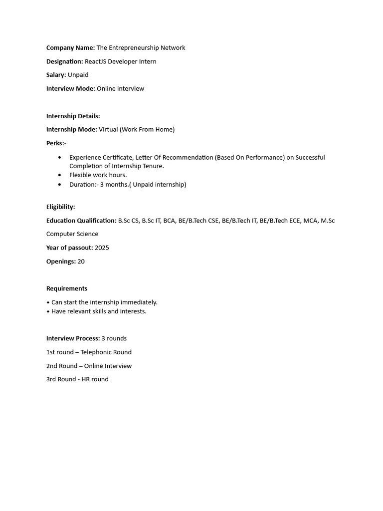 JD - The Entrepreneurship Network - ReactJS Developer Intern - Remote Location | PDF