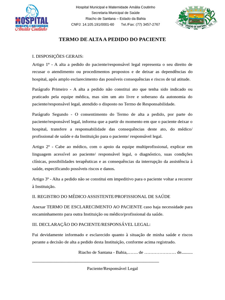 Termo de Alta A Pedido Do Paciente | PDF