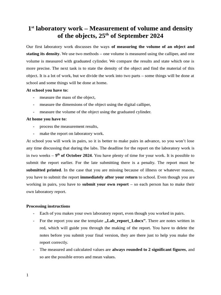 1st Laboratory Work Instructions - 2024 - Kopie | PDF | Density | Volume