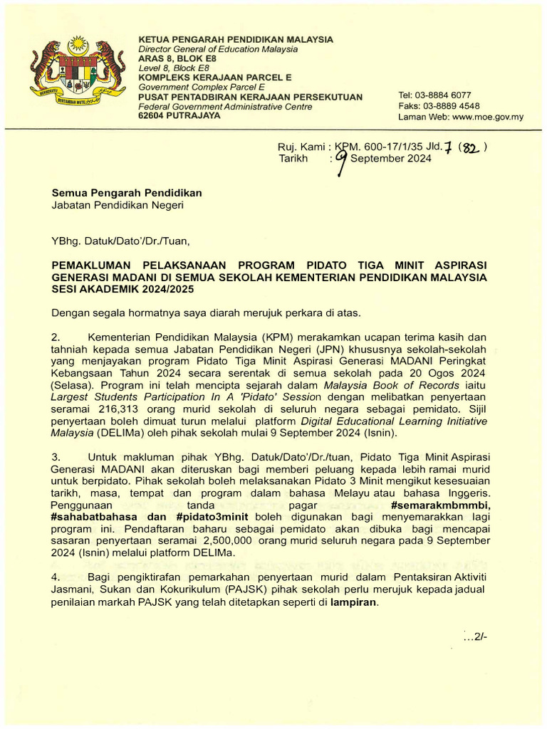 Pemakluman Pelaksanaan Program Pidato Tiga Minit Aspirasi Generasi Madani Di Semua Sekolah ...