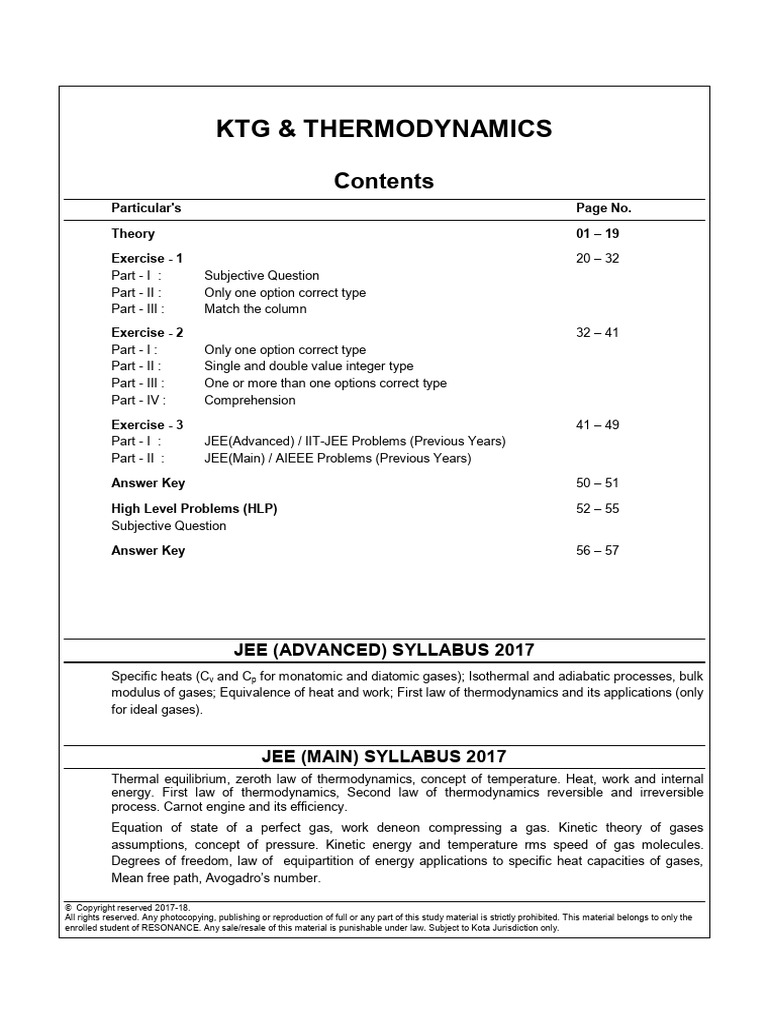 16. Ktg and Thermodynamics E-1 | PDF | Gases | Heat