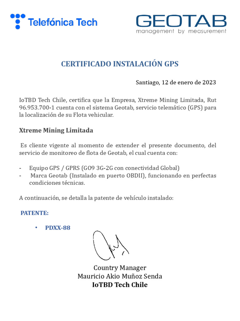 Certificado GPS GEOTAB PDXX88 | PDF