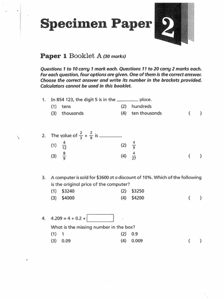 Specimen Paper 2 (Booklet A) | PDF