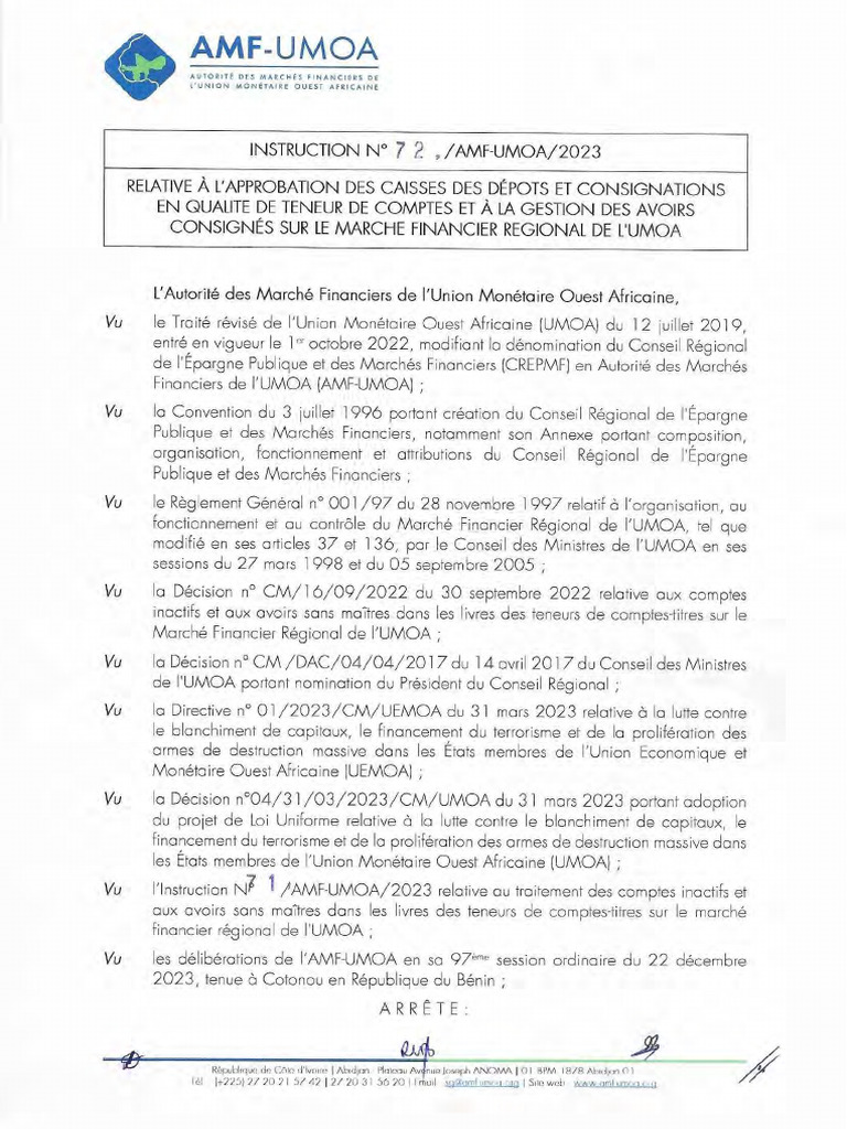 Instruction N°72 - AMF-UMOA - 2023 | PDF
