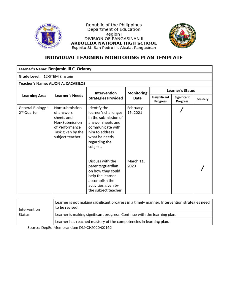 Module 3A 5. Individual Learning Monitoring Plan | PDF | Teaching ...
