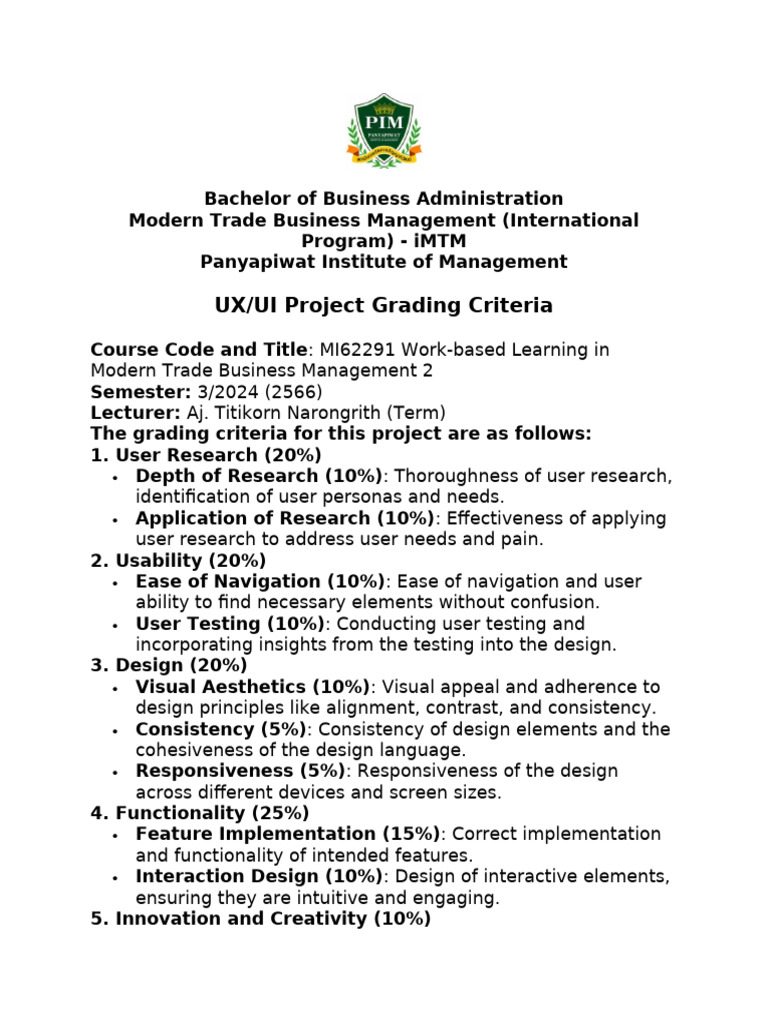 UX/UI Grading Criteria for iMTM Students | PDF